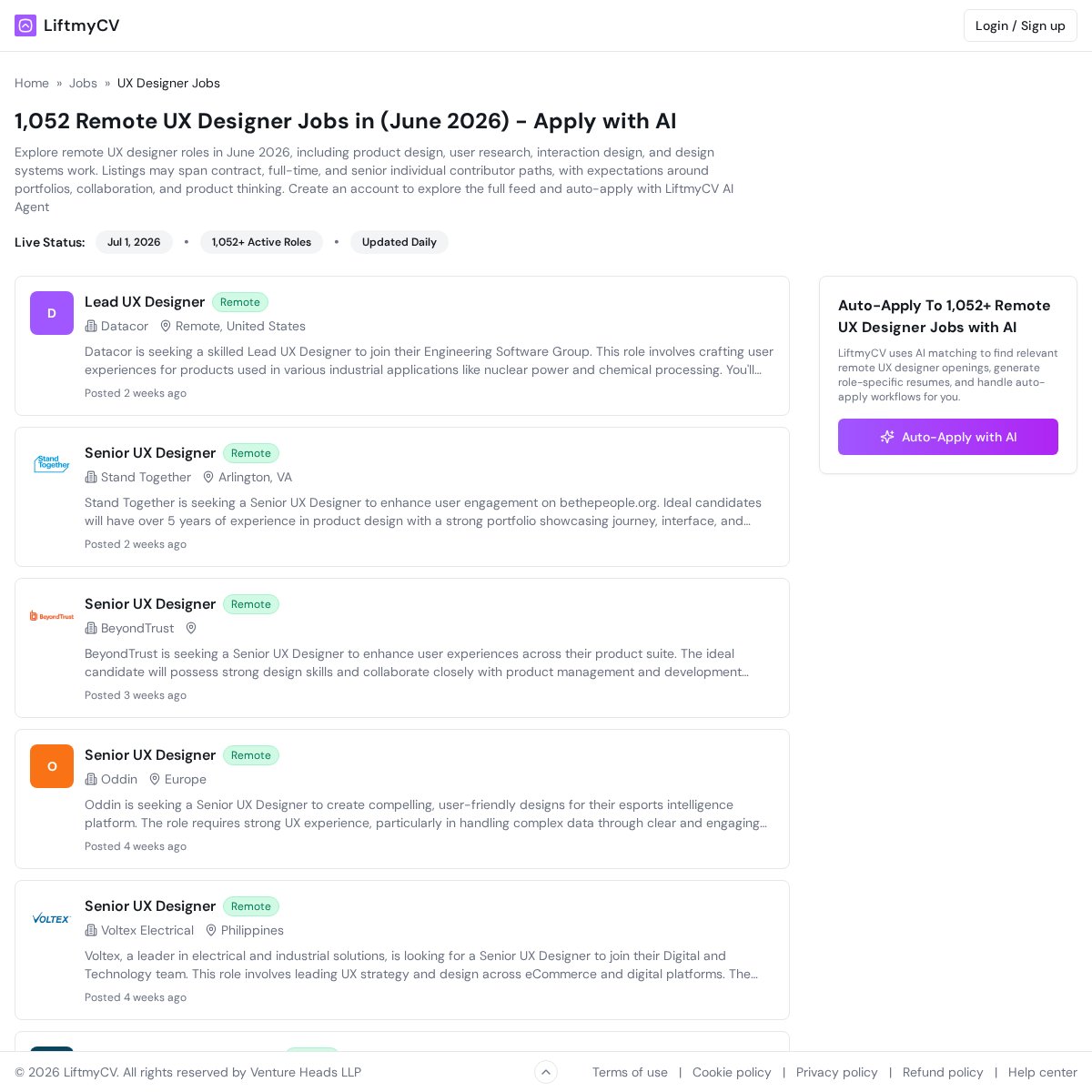 1,046 Remote UX Designer Jobs in (July 2026) - Apply with AI